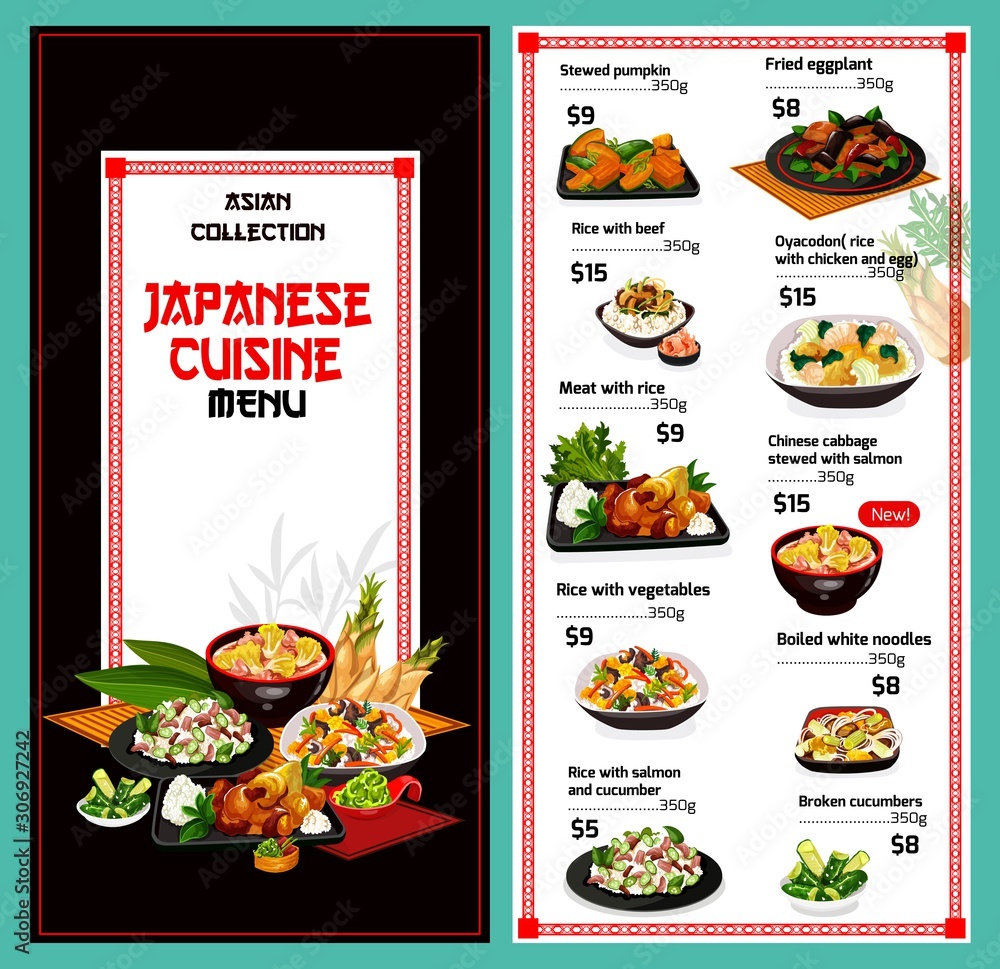 Japanese cuisine menu, Japan restaurant traditional food dishes. Vector ...