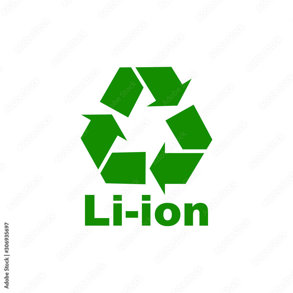 Lithium Ion and recycle symbol. Concept of battery recycling. Flat icon ...