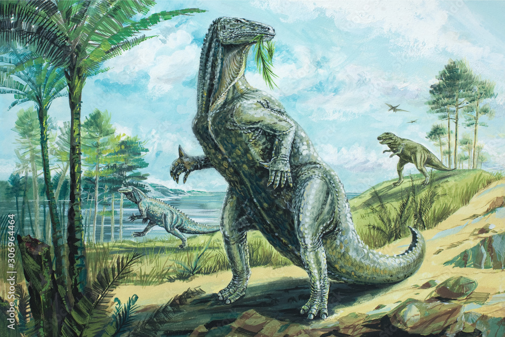 IGUANODON. A large herbivorous dinosaur with characteristic 'spiked ...