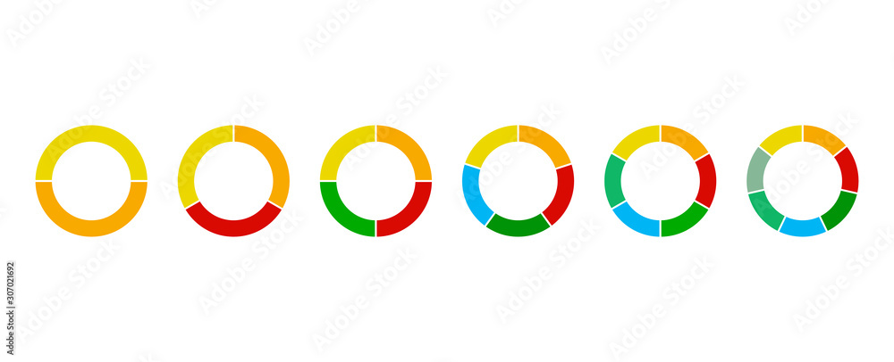 Segmented and multicolored pie charts set with 3, 4, 5, 6, 7 and 8 divisions. Template for ...