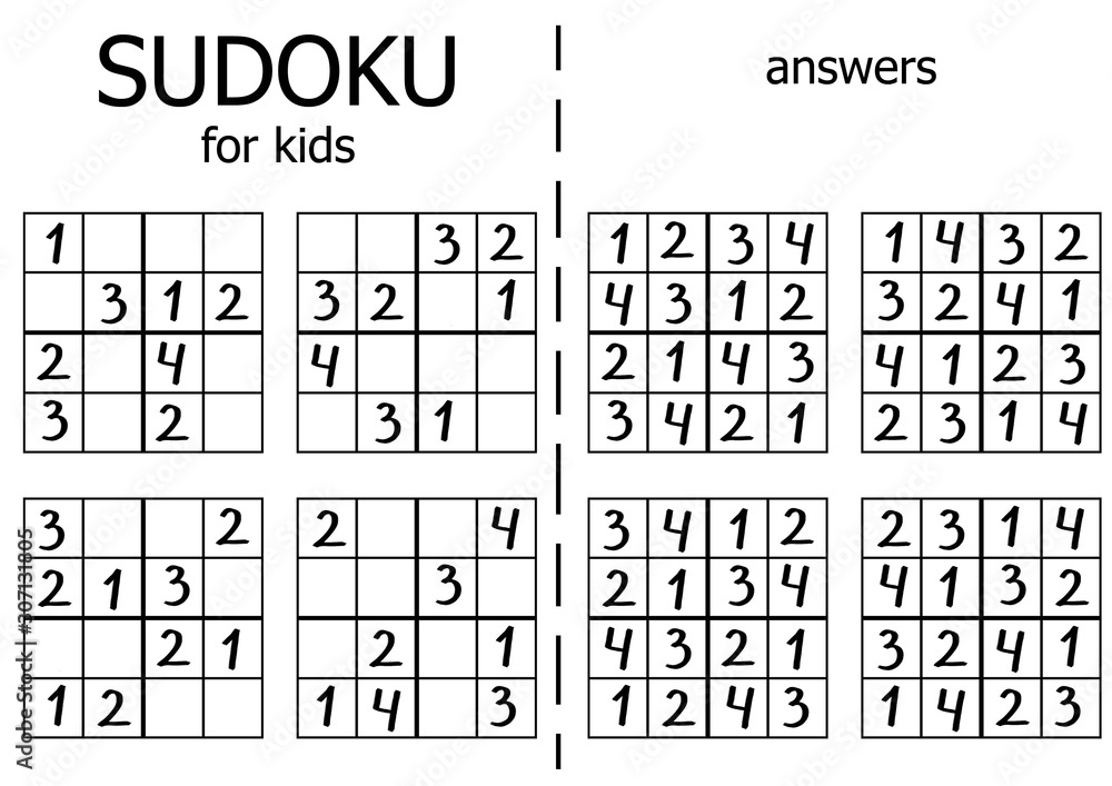 Sudoku puzzle for kids with answers. Simple number riddle for children ...
