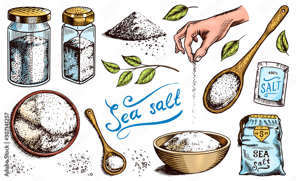 Sea salt set. Glass bottles, packaging and and leaves, wooden spoons ...