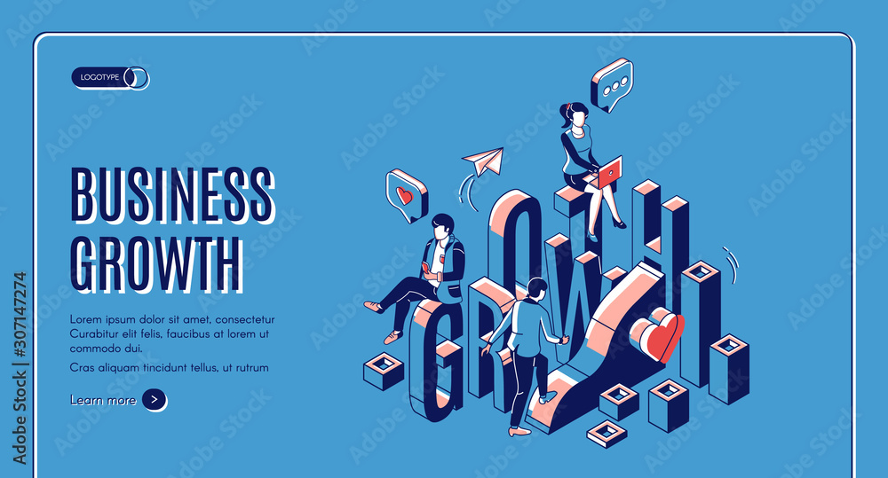 Business growth isometric landing page. Businesspeople work in internet ...