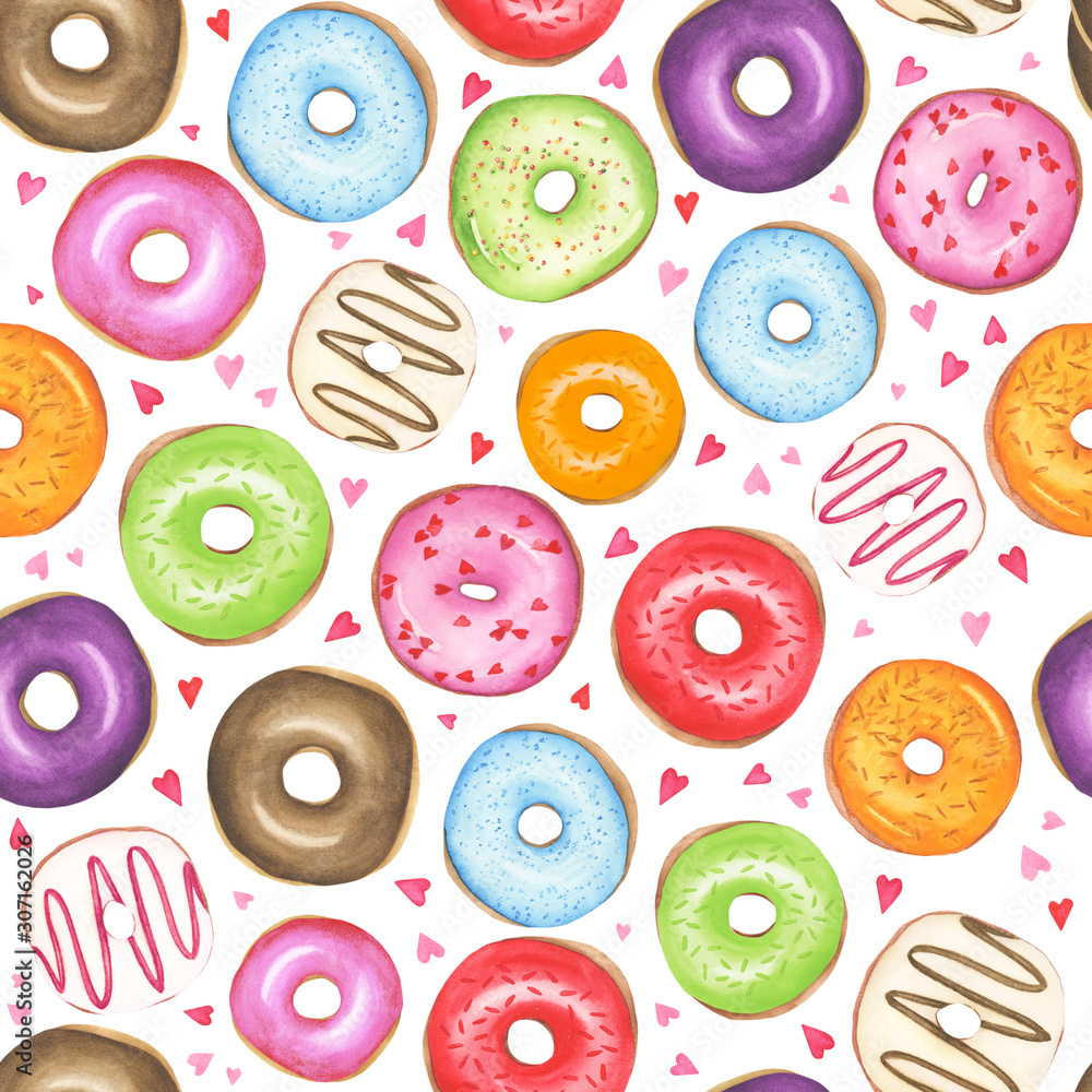 Seamless pattern with donuts, watercolor painting. For design textile ...