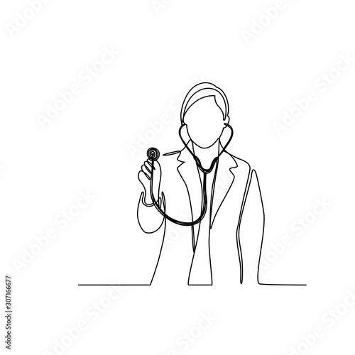 continuous line drawing of female doctor with stetoscope vector ...