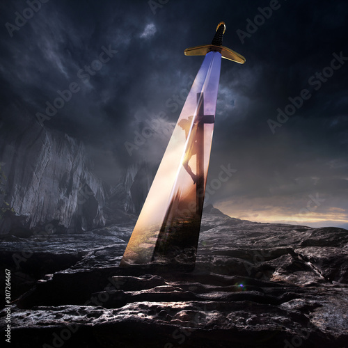 Sword and Jesus on the Cross - Buy this stock photo and explore similar ...