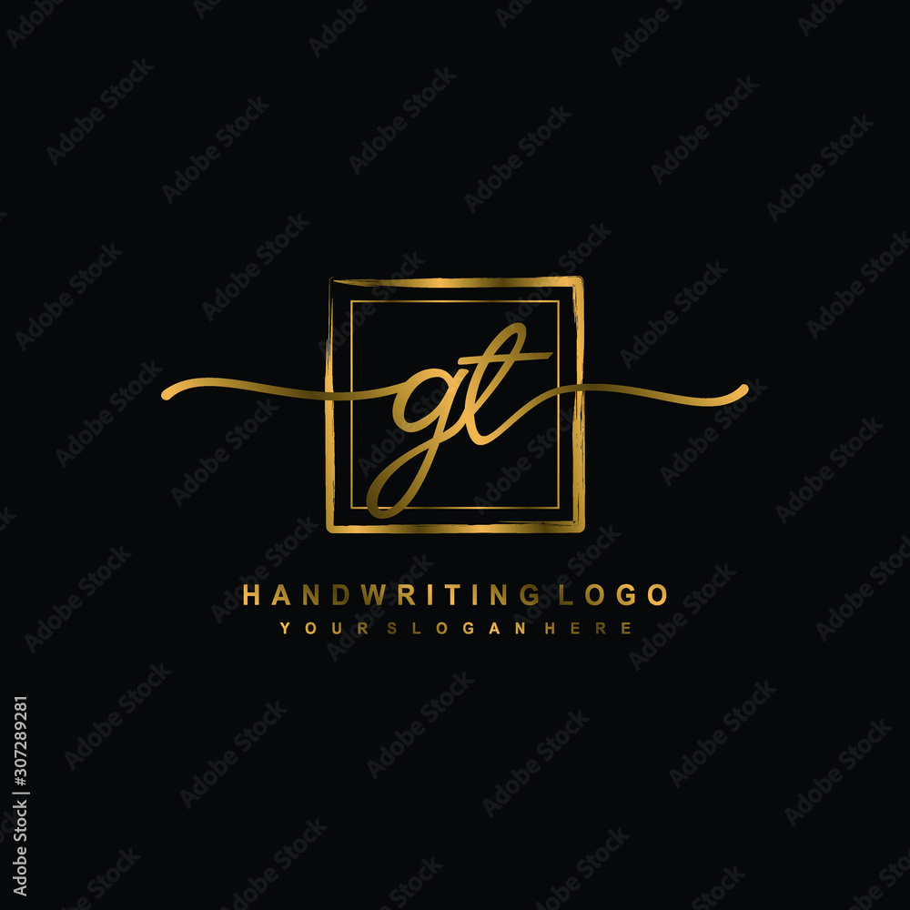 Initial G T handwriting logo design, with brush box lines gold color ...