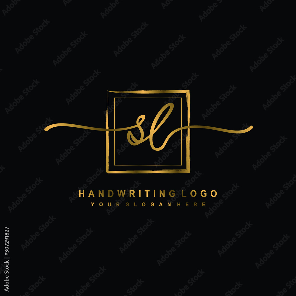 Initial S L handwriting logo design, with brush box lines gold color ...