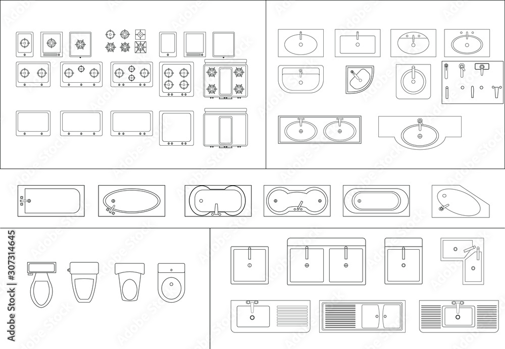 เวกเตอร์ Stock vector icon set of bathroom. toilet, sink,wastafel stove ...