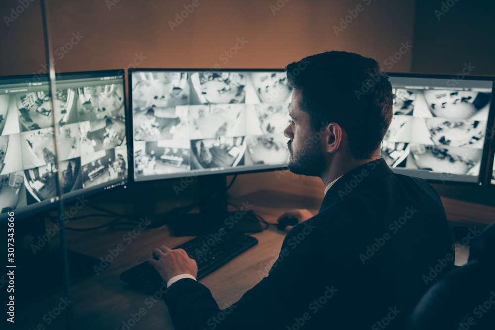 Profile side view portrait of his he nice attractive serious focused ...