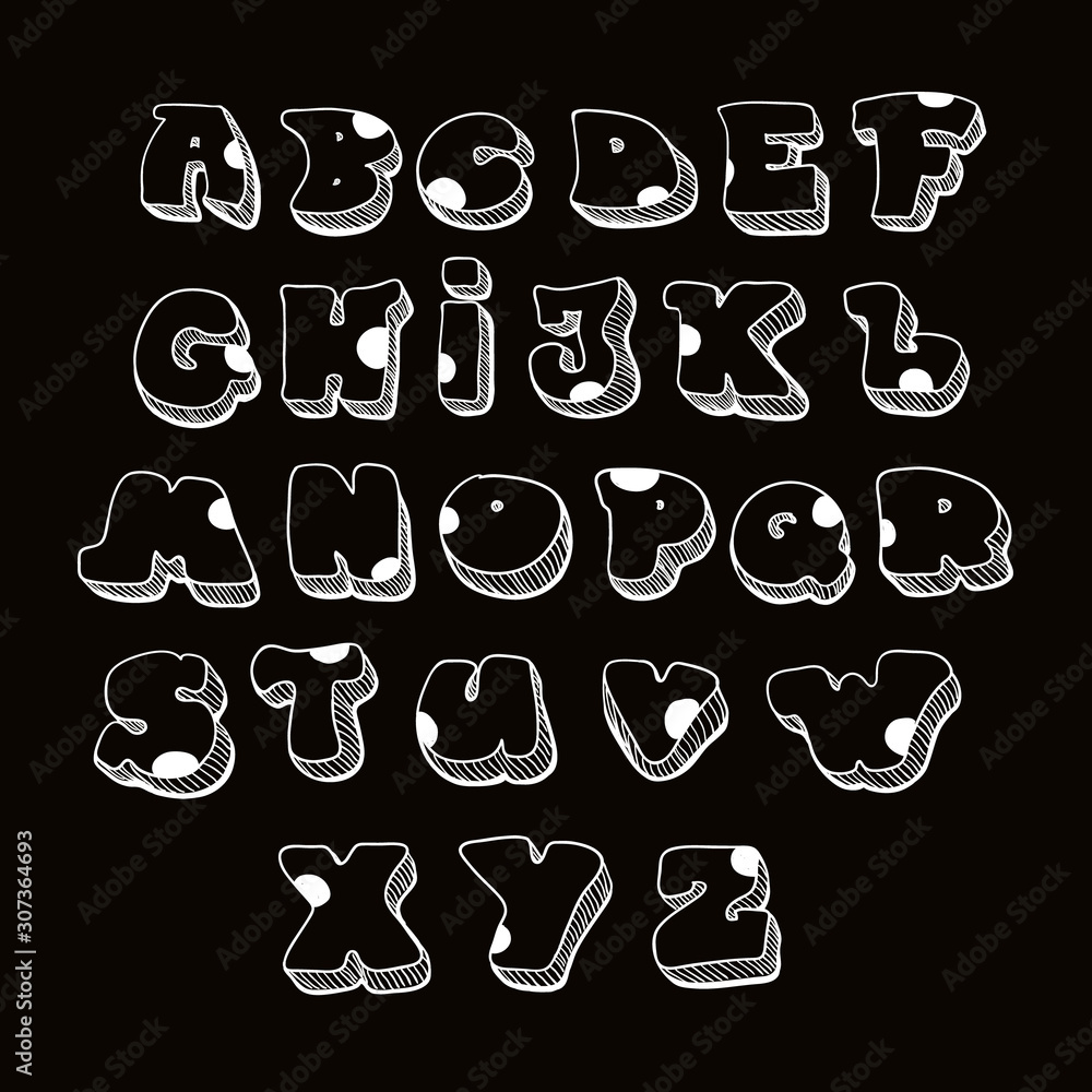 Cartoon comic graffiti font. Hand lettering sketch alphabet Black white ...