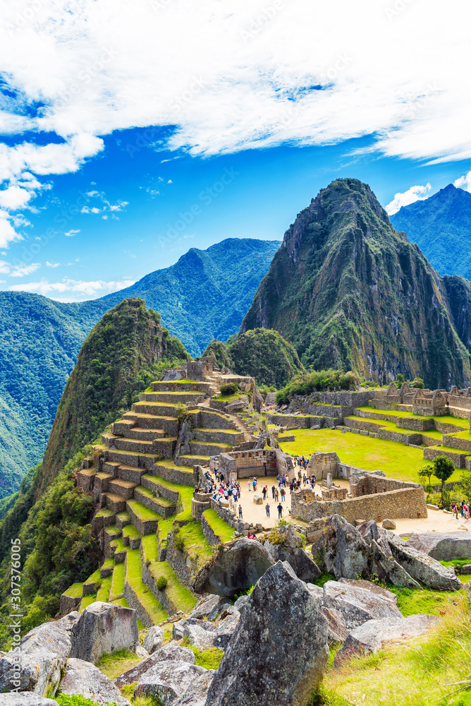 View of the ancient city of Machu Picchu, Peru. Vertical. Stock Photo ...