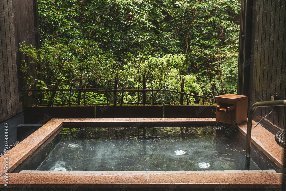 Japanese style onsen hot spring with calming nature viewa Stock Photo ...