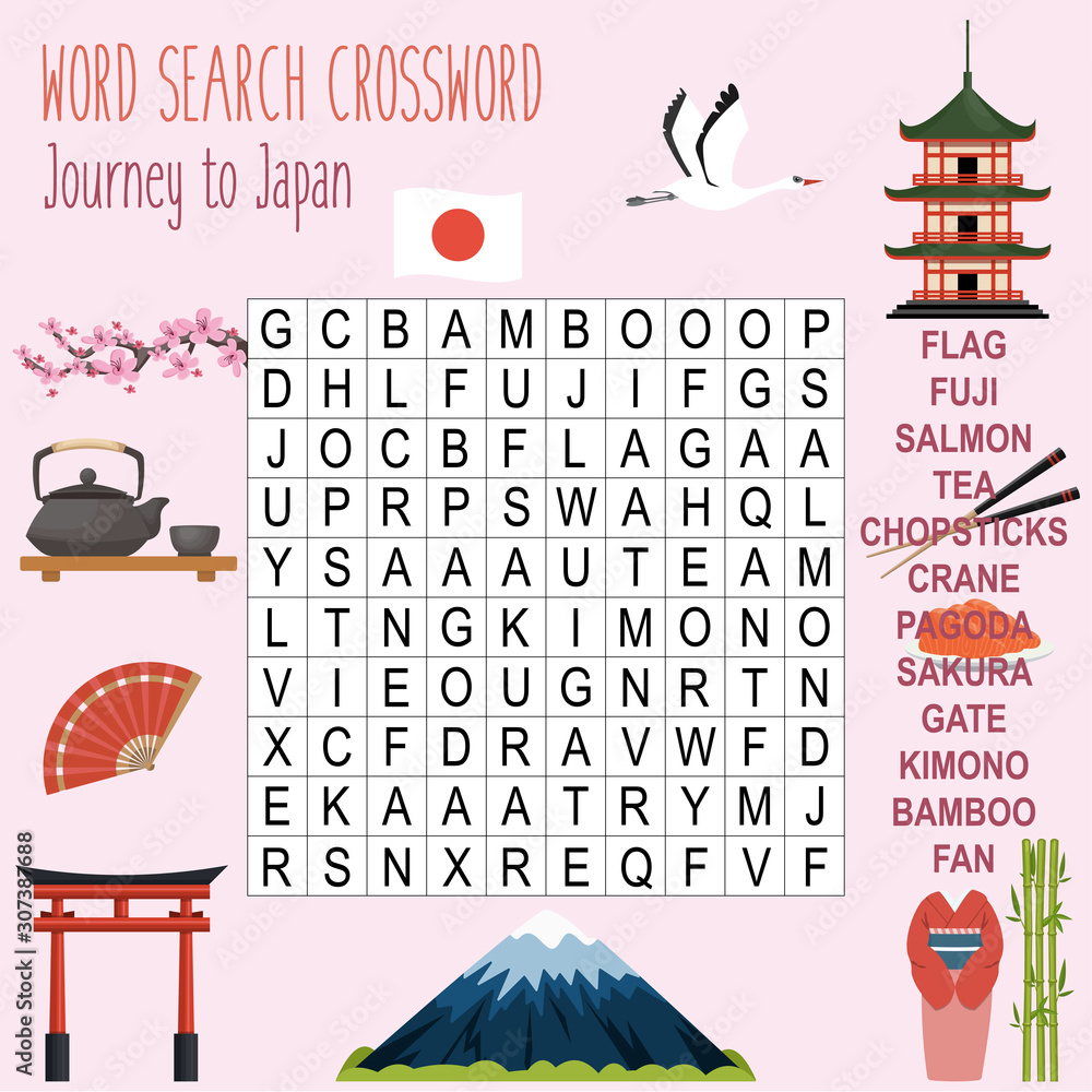 Easy word search crossword puzzle 'Journey to Japan', for children in ...