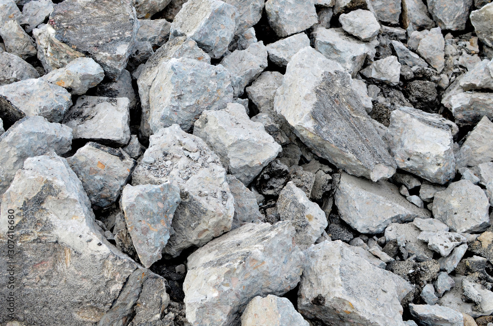 Hardcore waste recycling. Broken concrete slabs at construction site ...