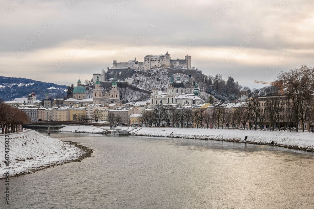 Beautiful view of the historic city of Salzburg with Salzach river in ...