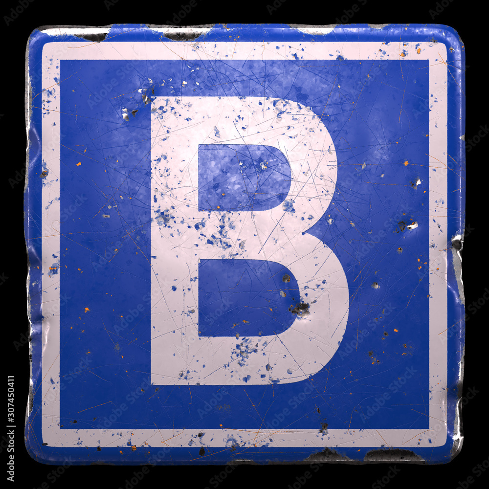 Public road sign in blue color with a capitol white letter B in the ...