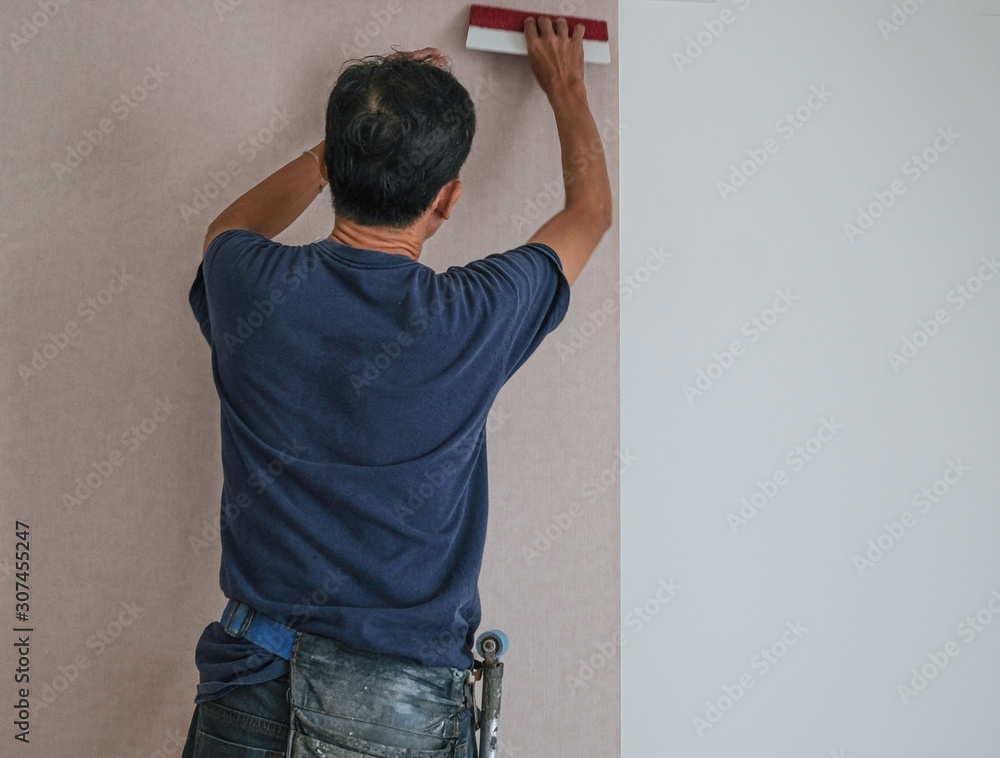 carpenter worker install wallpaper on white wall Stock Photo | Adobe Stock