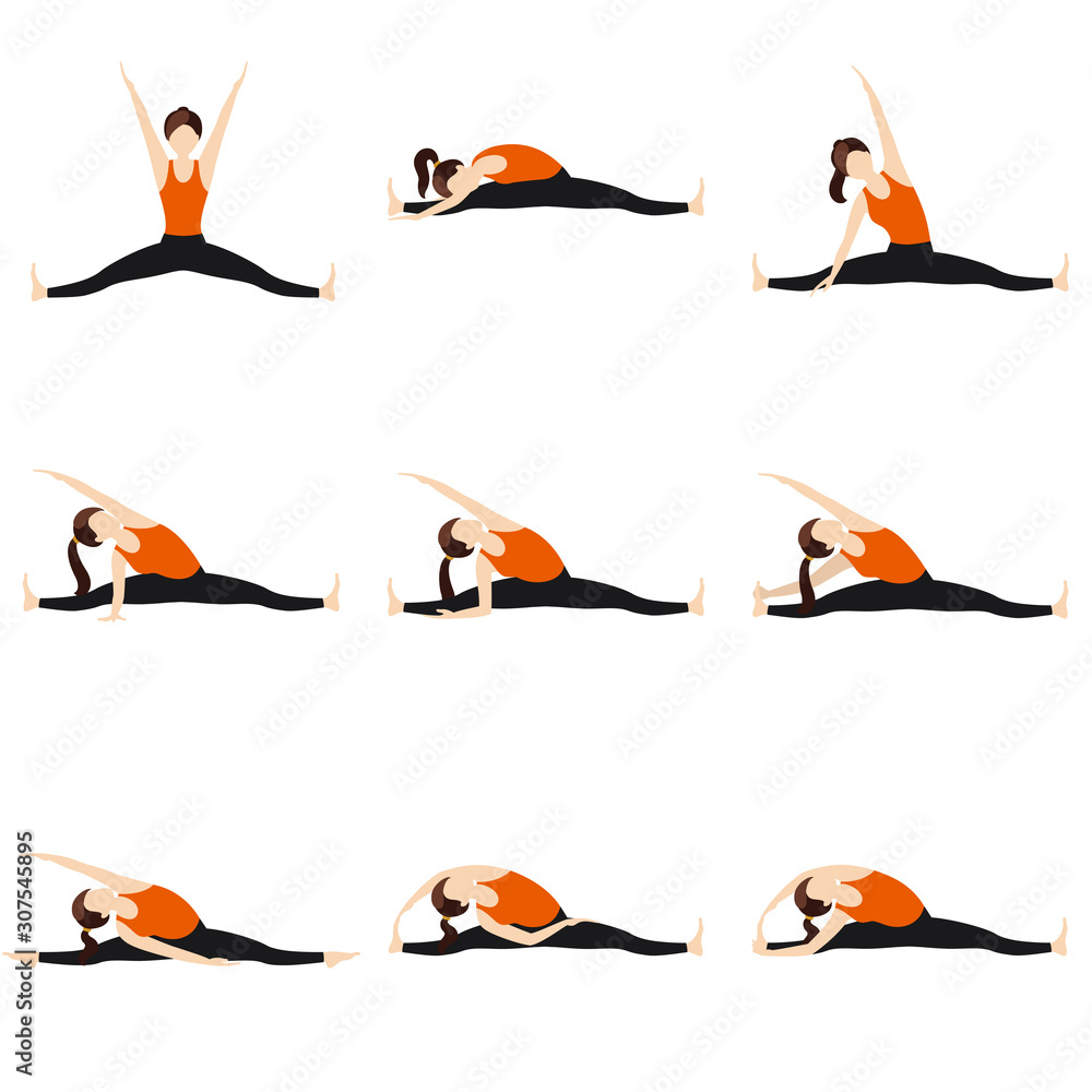 Side seated wide angle yoga asanas set/ Illustration stylized woman ...