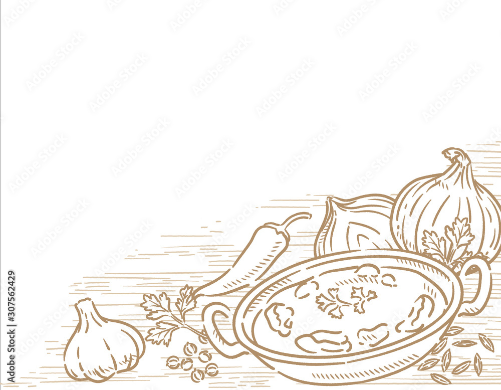 Vegetables, Indian spices for chicken curry. Stock Vector | Adobe Stock