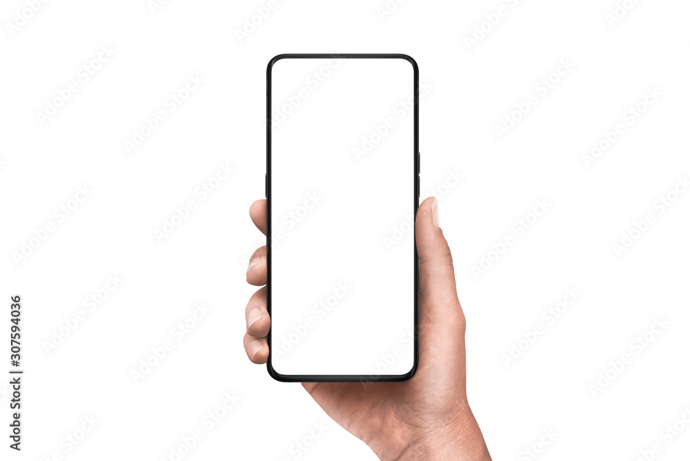 Modern smart phone in hand. Isolated background and screen. Thin edges ...