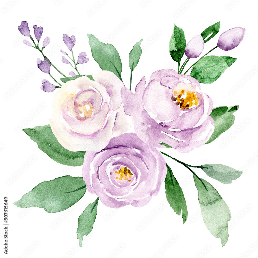 Violet flowers watercolor, floral clip art. Bouquet perfectly for ...