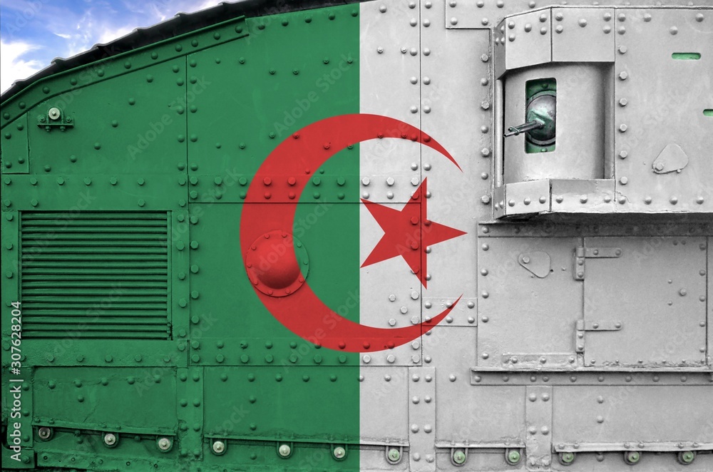 Algeria flag depicted on side part of military armored tank closeup ...