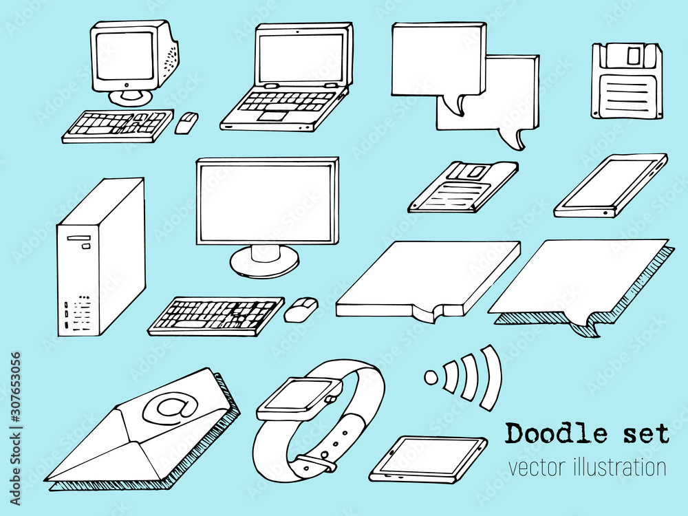 Set of sketch computers. Doodle pc, laptop, tablet, floppy, mail, chat ...