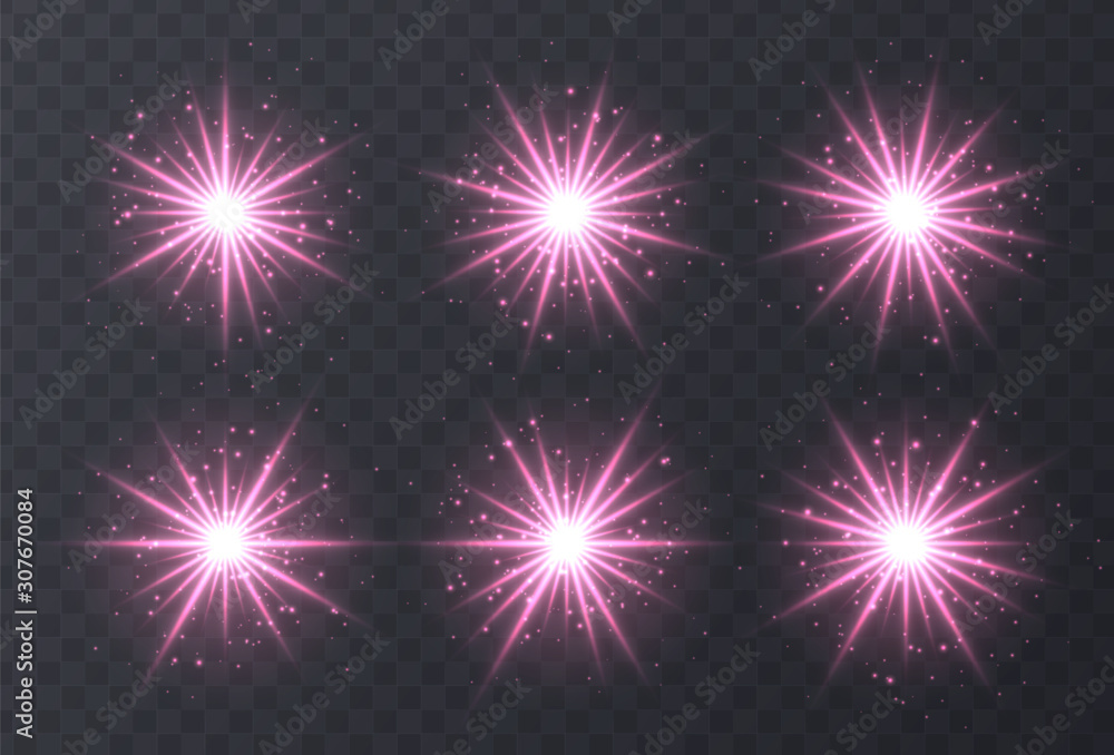 Light flares set isolated on transparent background. Pink lens flares, bokeh, sparkles, shining ...