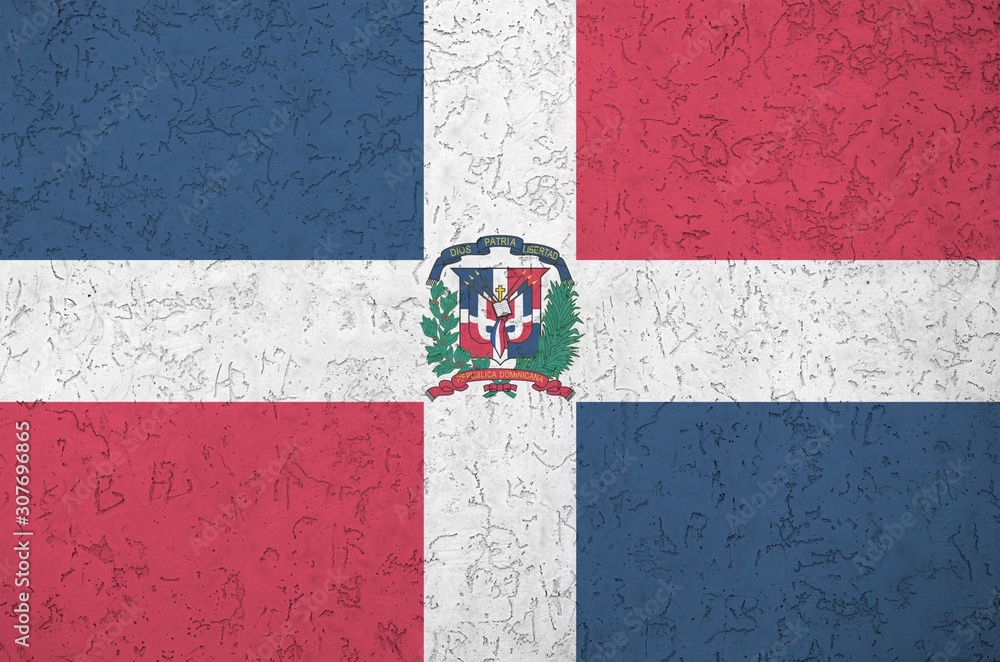 Dominican Republic flag depicted in bright paint colors on old relief ...