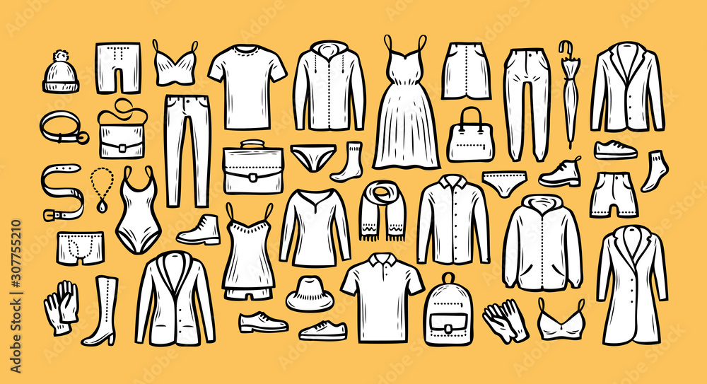 Fashion collection. Hand drawn clothes. Sketch vector illustration ...