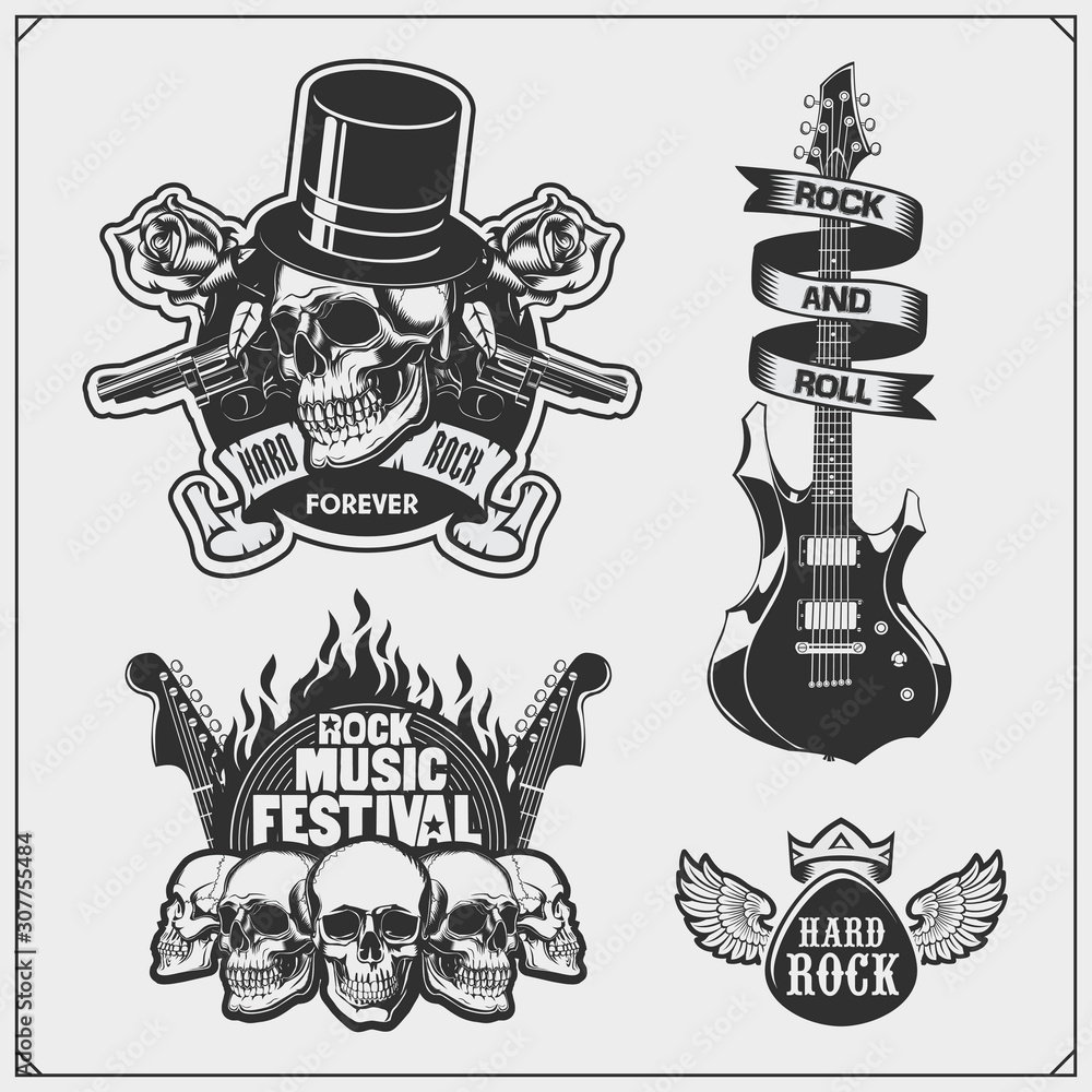 Rock'n'Roll and Hard Rock music emblems, symbols, labels and design ...