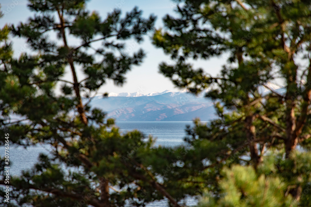 Lake Baikal, Kultuk Bay, autumn 2019, view of the east coast, the city ...