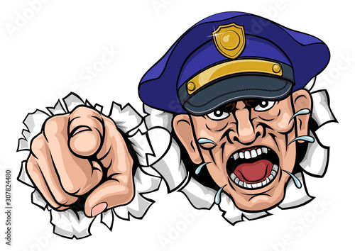 An angry policeman police officer pointing at the viewer and shouting ...