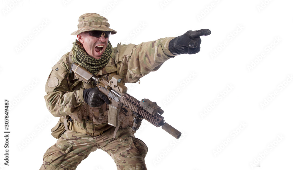Army military soldier screaming, pointing attack direction Stock Photo ...