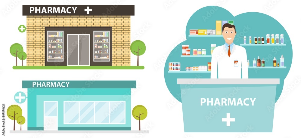 Pharmacy building in a flat design. Interior and pharmacy building ...