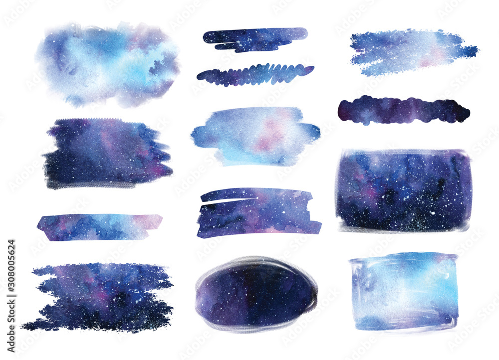 Set of watercolor galaxy splash clipart. Hand drawn cosmos illustration ...