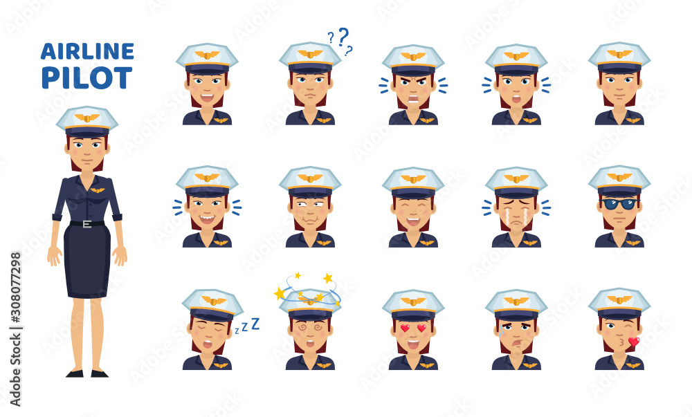 Set of female pilot emoticons. Airline pilot emojis showing different ...