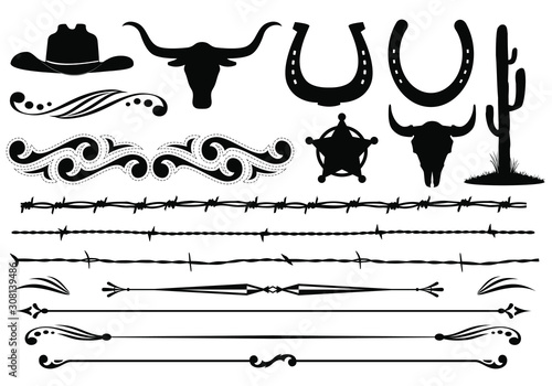 Vector black & white western cowboy design elements. Stock Vector ...