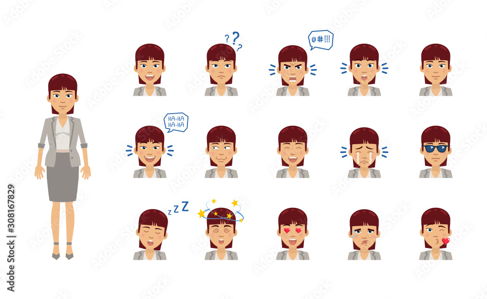 Set of business woman emoticons. Woman emojis showing different facial ...