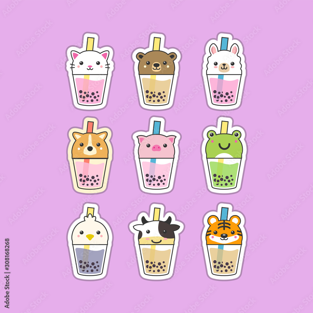 cute boba tea animals characters design Stock Vector | Adobe Stock