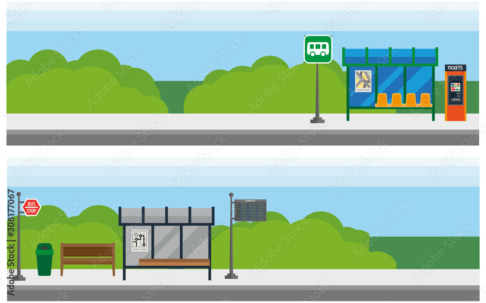 Empty bus stop with glass shelter and road signs Stock Vector | Adobe Stock