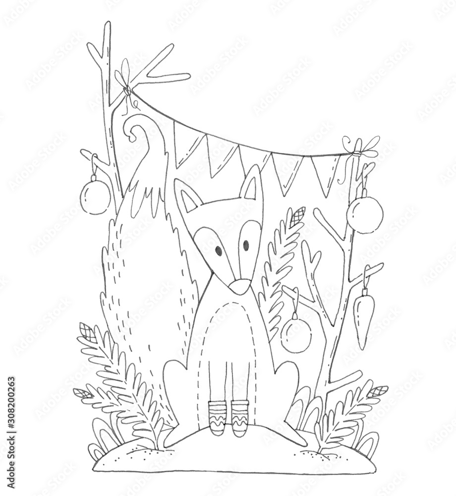 Fox. Merry Christmas Coloring page. Black and white background ...