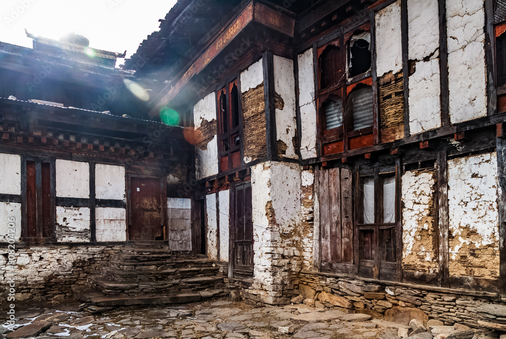 Ancient building of in the Phajoding Monastery high in the Himalayan ...