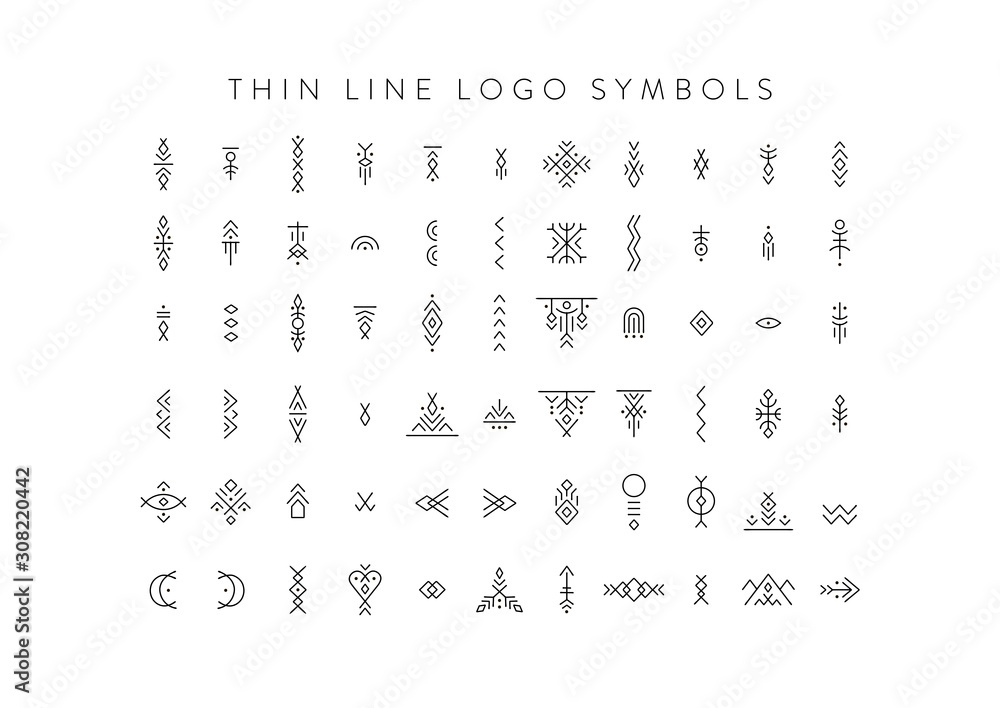 Vector set of line art symbols for logo design and lettering in boho ...