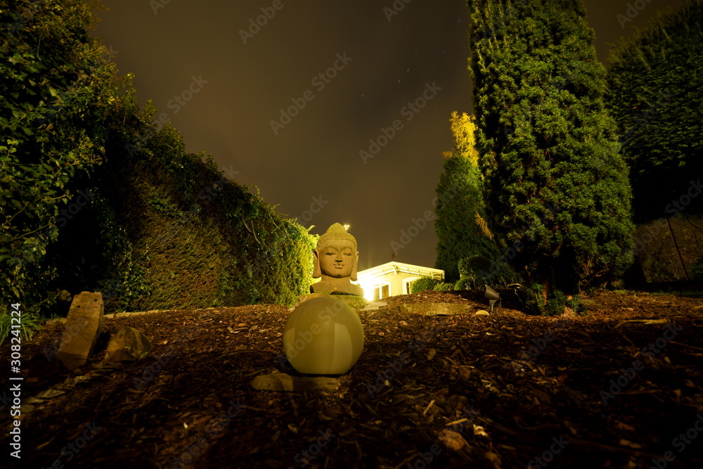 Buddha stature in a illuminated garden with trees under the stars in ...