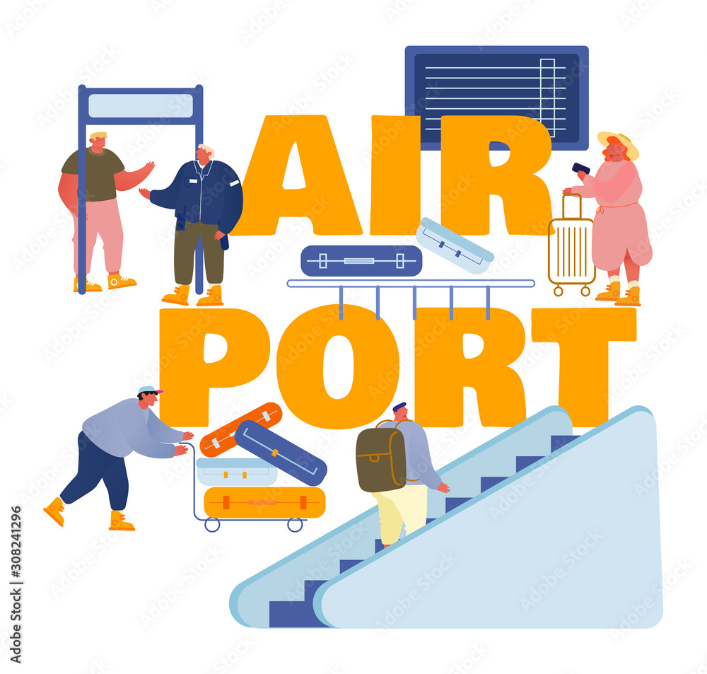 People in Airport Concept. Characters Prepare for Airplane Flight, Put ...