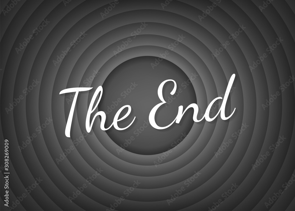 The End handwrite title on gray round background. Old movie circle ...