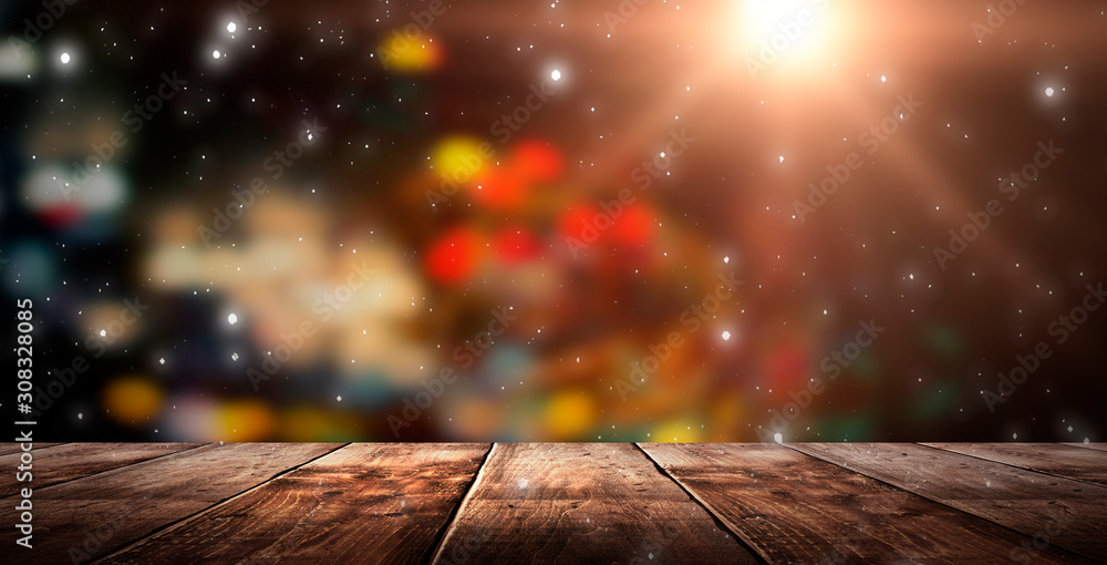 Wooden table, blurred bokeh background background. Neon light, night ...