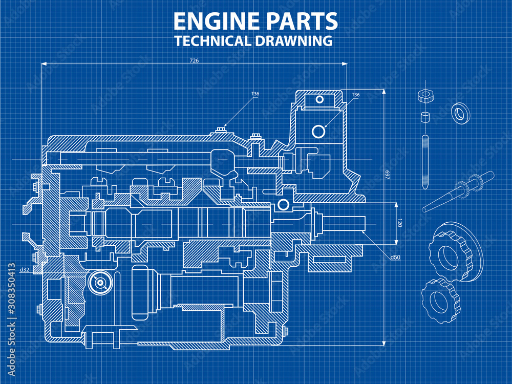 Technical blue background with drawings of details and mechanisms ...